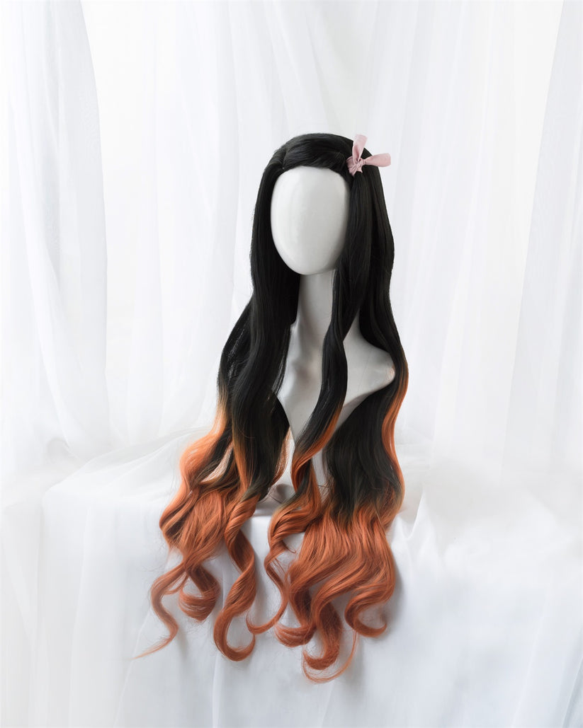 Uwowo Anime Nezuko Cosplay Wig 95cm Long Wavy Black Orange Gradient Wi ...