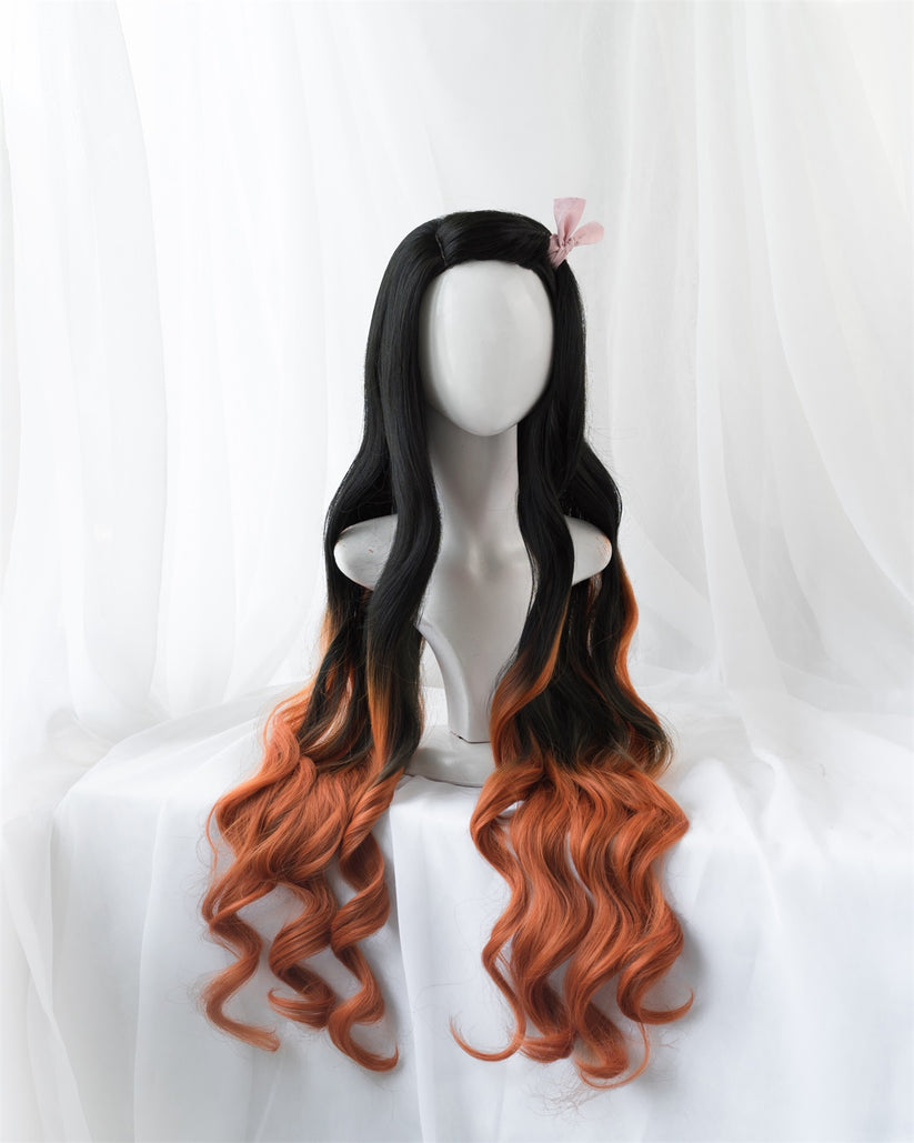 Uwowo Anime Nezuko Cosplay Wig 95cm Long Wavy Black Orange Gradient Wi ...